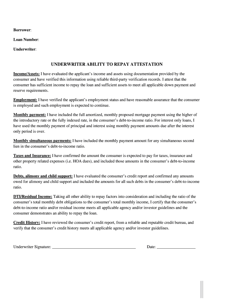 Fillable Online UNDERWRITER ABILITY TO REPAY ATTESTATION Fax Email ...