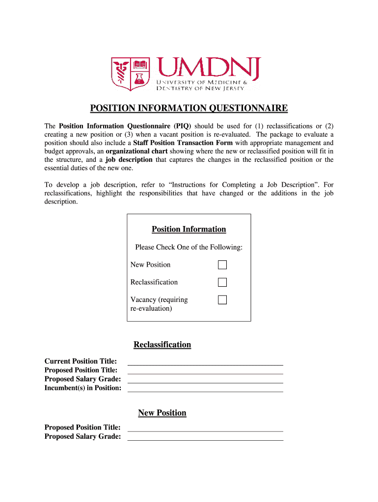 Fillable Online The Position Information Questionnaire (PIQ) should be ...