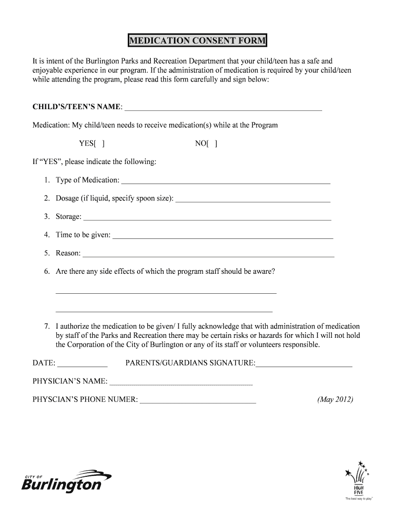 Fillable Online MEDICATION CONSENT FORM - Burlington Fax Email Print - pdfFiller