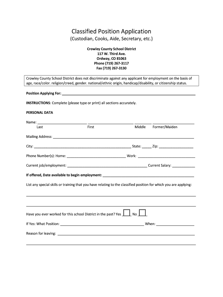 Fillable Online cck12 Classified Position Application (Custodian, Cooks, Aide, Secretary, etc ...