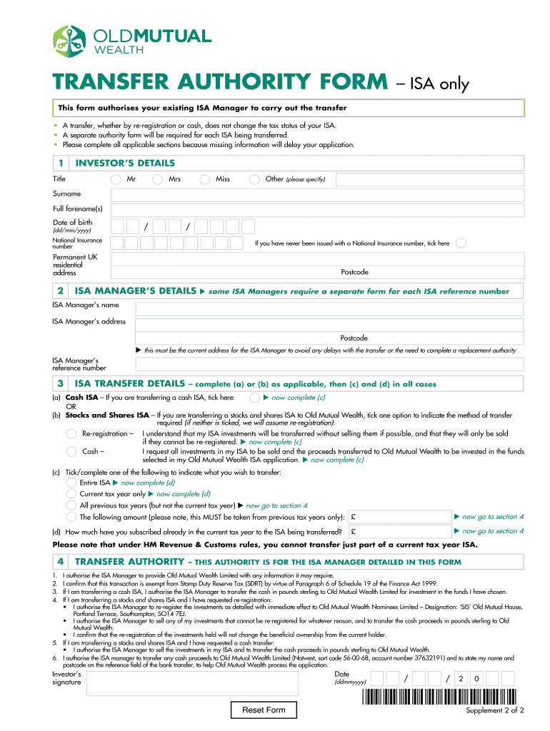 Fillable Online TRANSFER AUTHORITY FORM ISA only - Consumer Home Fax ...