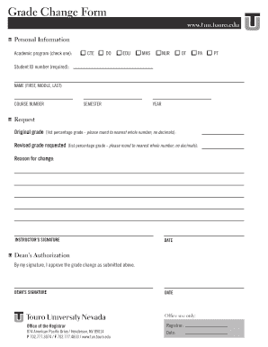 Fillable Online tun touro 0809 grade change - Touro University Nevada ...