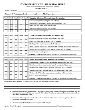Fillable Online fyi uwex FOOD SERVICE MENU SELECTION SHEET - For Your ...