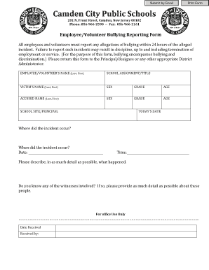 Fillable Online EmployeeVolunteer Bullying Reporting Form Fax Email ...