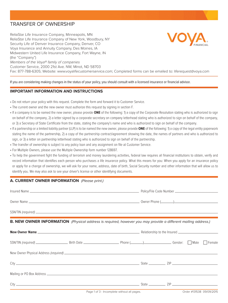 Fillable Online TRANSFER OF OWNERSHIP - Voya for Professionals Fax ...