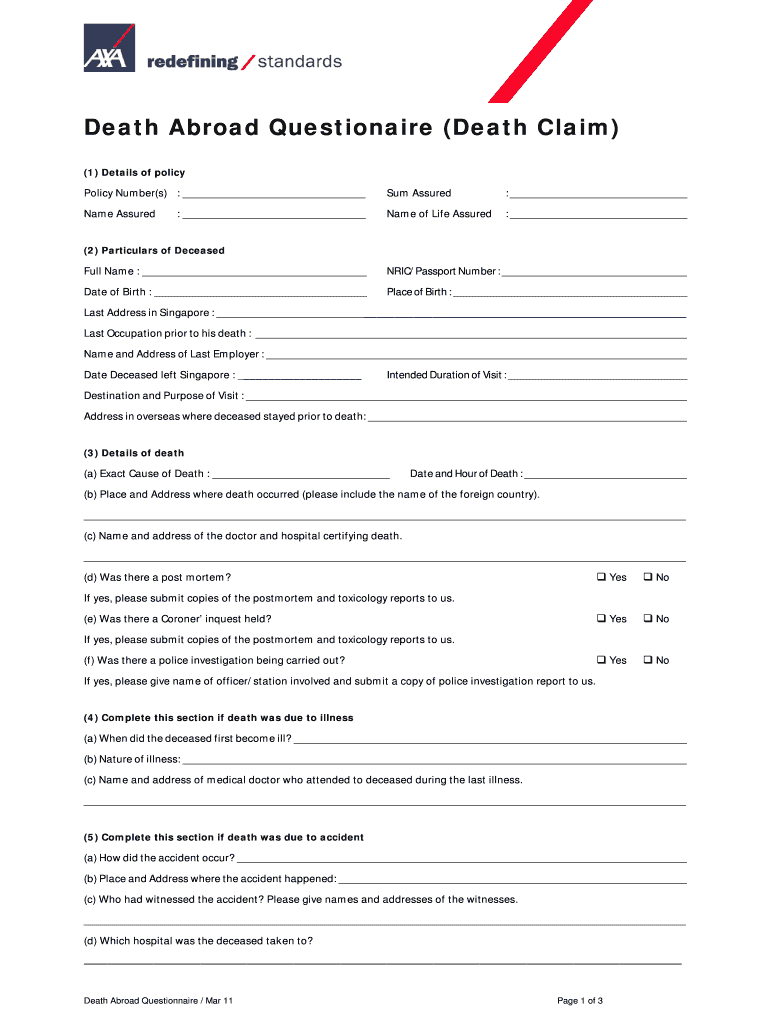 Fillable Online Death Abroad Questionaire (Death Claim) Fax Email Print ...