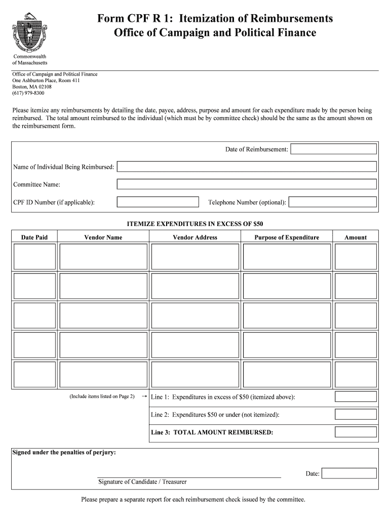 Fillable Online Form CPF R 1 Itemization of Reimbursements Fax Email ...