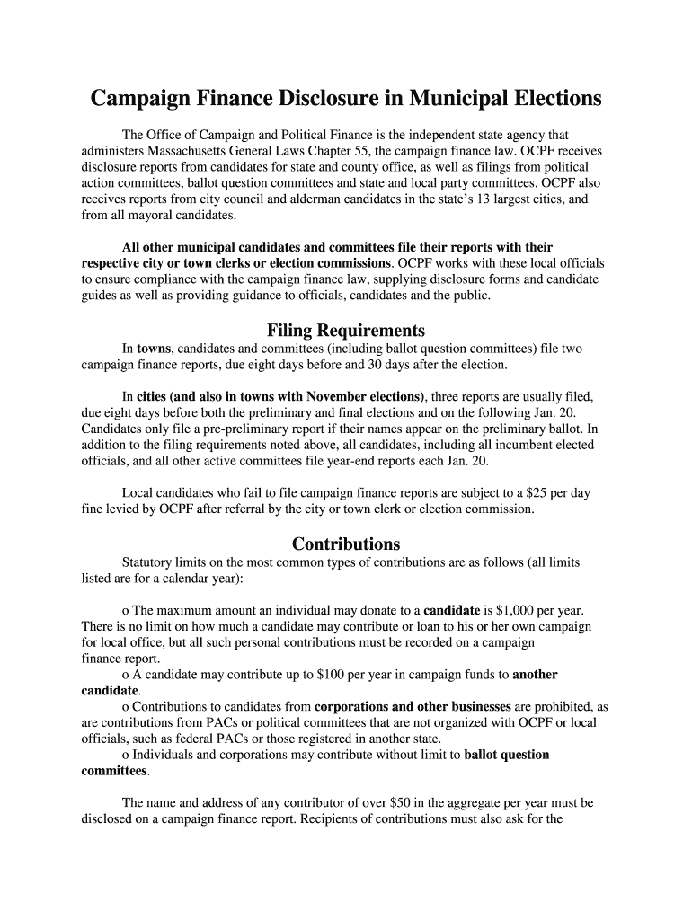 Fillable Online Campaign Finance Disclosure in Municipal Elections Fax ...