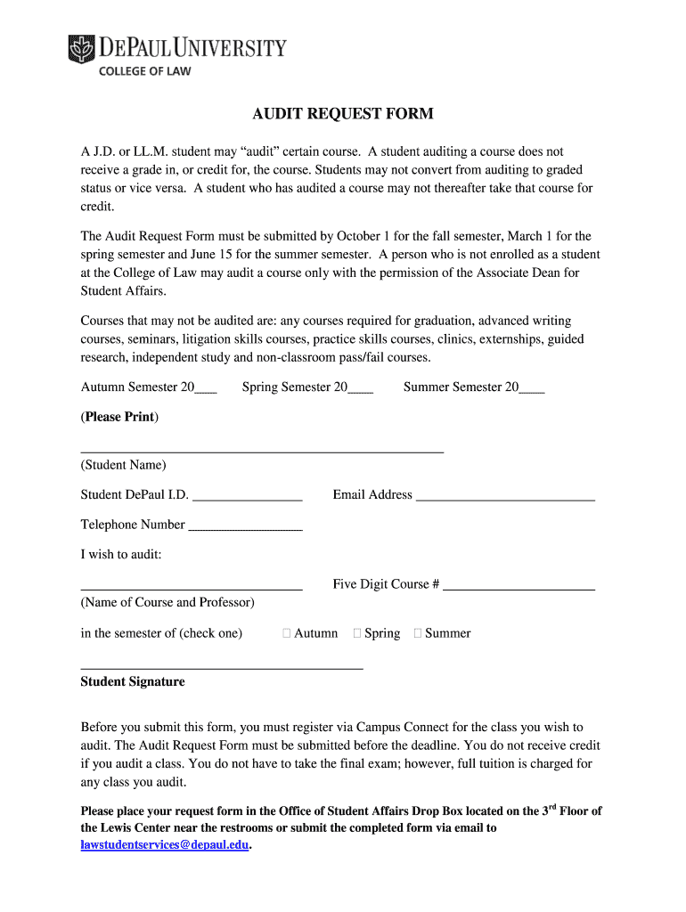 Fillable Online law depaul AUDIT REQUEST FORM - lawdepauledu Fax Email ...
