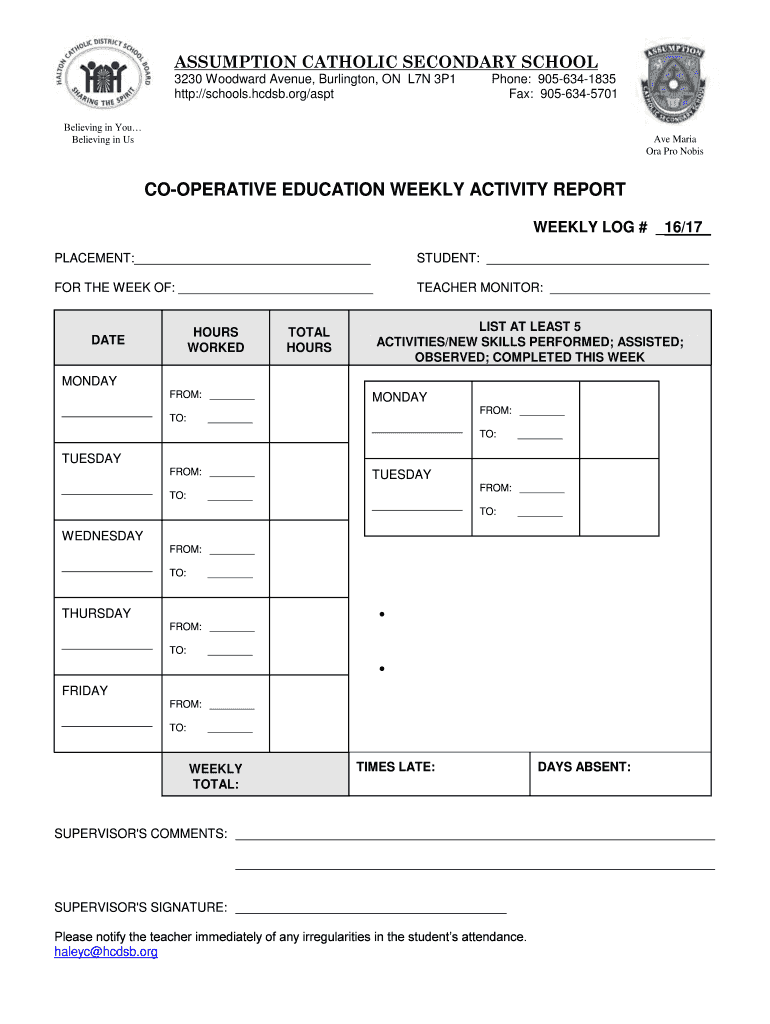 Fillable Online CO-OPERATIVE EDUCATION WEEKLY ACTIVITY REPORT Fax Email ...