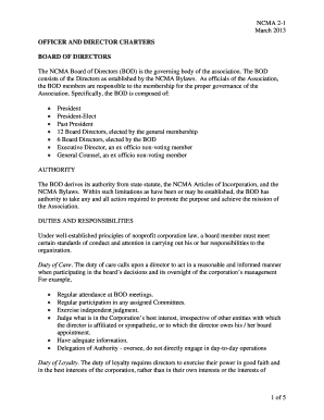 Fillable Online OFFICER AND DIRECTOR CHARTERS BOARD OF DIRECTORS Fax ...