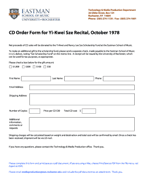 Fillable Online esm rochester CD Order Form for Yi-Kwei Sze Recital ...