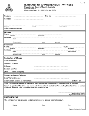 Fillable Online Form 12 - Warrant to arrest witness Fax Email Print - pdfFiller