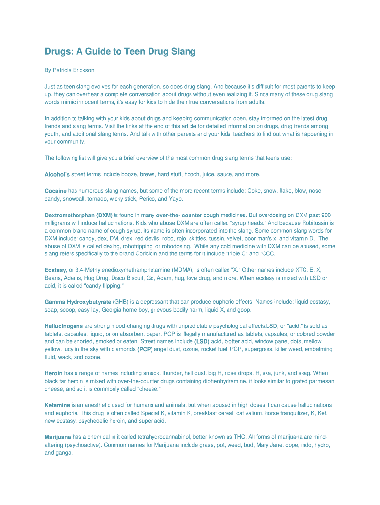 Fillable Online Drugs: A Guide to Teen Drug Slang Fax Email Print ...