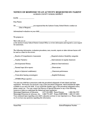 Fillable Online NOTICE OF RESPONSE TO AN ACTIVITY REQUESTED BY PARENT ...