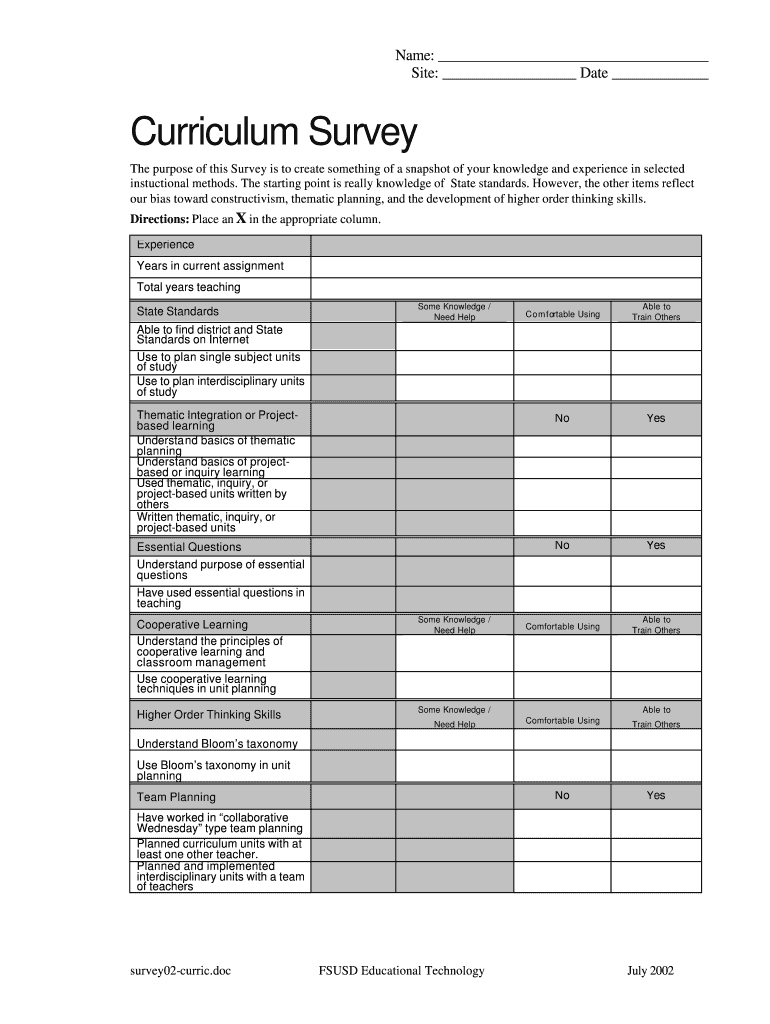 Fillable Online fsusd k12 ca Curriculum Survey - fsusd k12 ca Fax Email ...