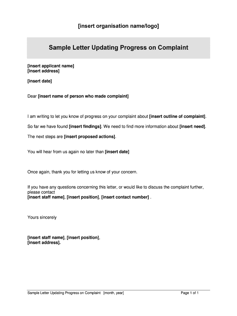 Fillable Online Sample Letter Updating Progress on Complaint Fax Email ...