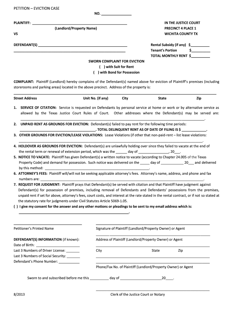 Fillable Online PETITION EVICTION CASE NO PLAINTIFF IN THE JUSTICE ...