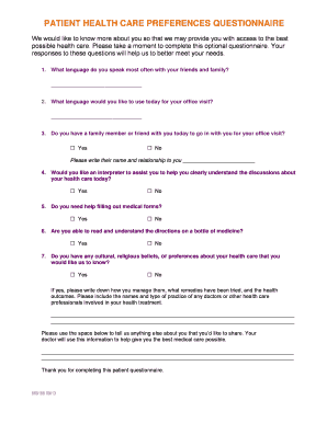 Fillable Online PATIENT HEALTH CARE PREFERENCES QUESTIONNAIRE Fax Email ...