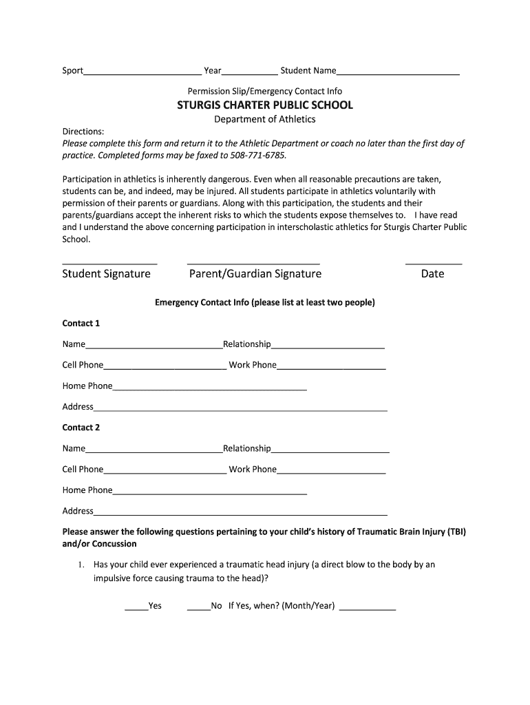 Fillable Online Permission SlipEmergency Contact Info STURGIS CHARTER Fax Email Print - pdfFiller