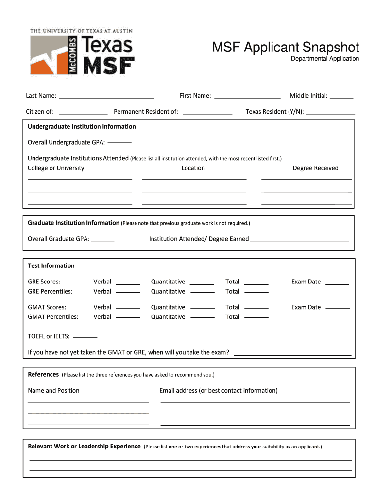 Fillable Online MSF Applicant Snapshot - McCombs School of Business Fax ...