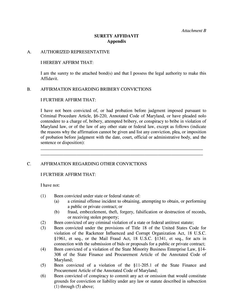 Fillable Online Attachment B SURETY AFFIDAVIT Appendix - bpwmarylandgov ...
