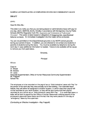 Fillable Online SAMPLE LETTER PLACING AN EMPLOYEE ON ONE DAY EMERGENCY ...