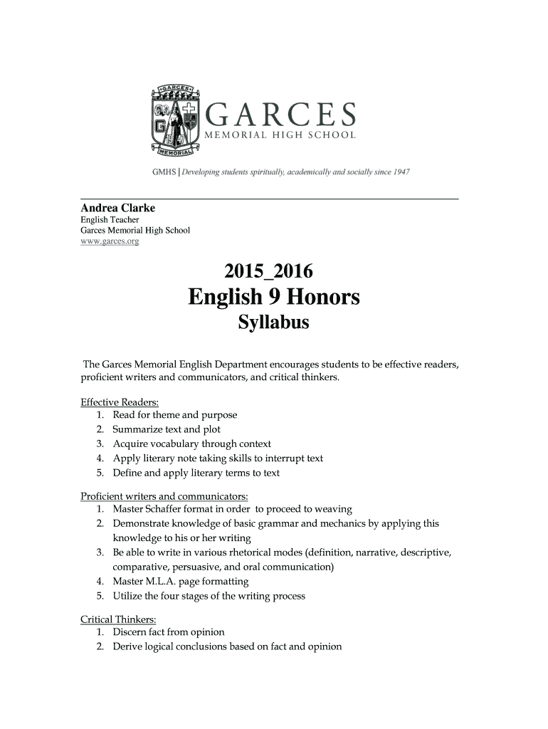 Fillable Online teachers garces 2015 2016 English 9 Honors - teachersgarcesorg - teachers garces ...