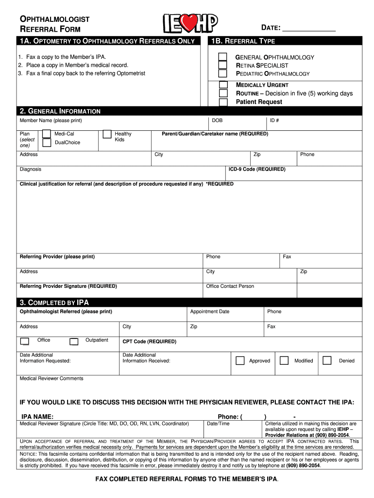 Fillable Online PTOMETRY TO OPHTHALMOLOGY REFERRALS ONLY 1B REFERRAL ...