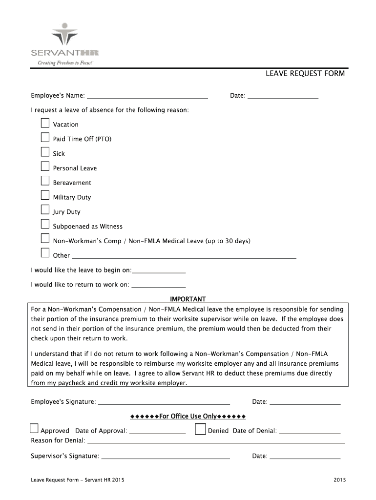 Fillable Online LEAVE REQUEST FORM - Servant HR Fax Email Print - pdfFiller