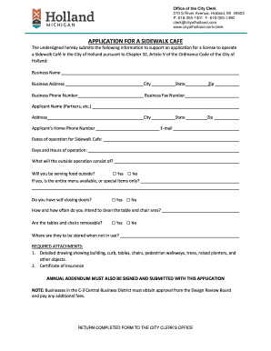Fillable Online APPLICATION FOR A SIDEWALK CAFE - Holland Michigan Fax ...
