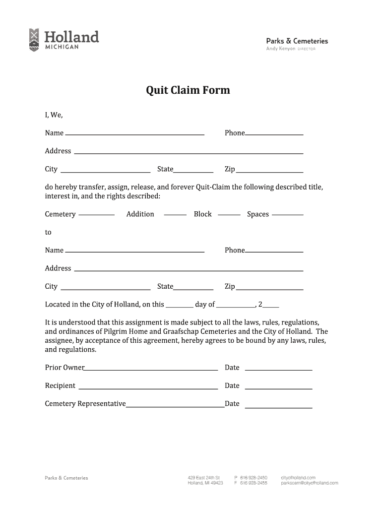 Fillable Online Quit Claim Form - cityofhollandcom Fax Email Print ...