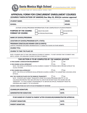 Fillable Online samohi smmusd APPROVAL FORM FOR CONCURRENT ENROLLMENT COURSES Fax Email Print ...