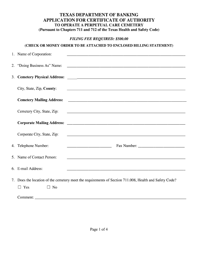 Fillable Online dob texas TEXAS DEPARTMENT OF BANKING APPLICATION FOR ...