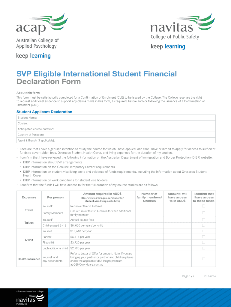 Fillable Online SVP Eligible International Student Financial ...
