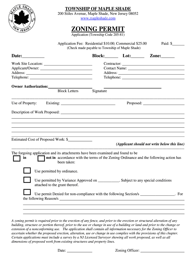 Fillable Online ZONING PERMIT - Maple Shade Township New Jersey Fax ...