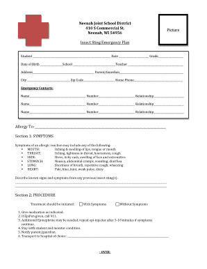 Fillable Online Insect Sting Emergency Plan Fax Email Print - pdfFiller