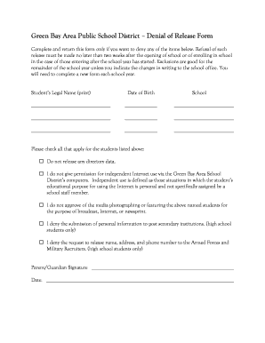 Fillable Online Green Bay Area Public School District Denial of Release Form Fax Email Print ...