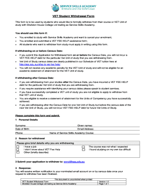 Fillable Online ssa edu VET Student Withdrawal Form - Service Skills ...