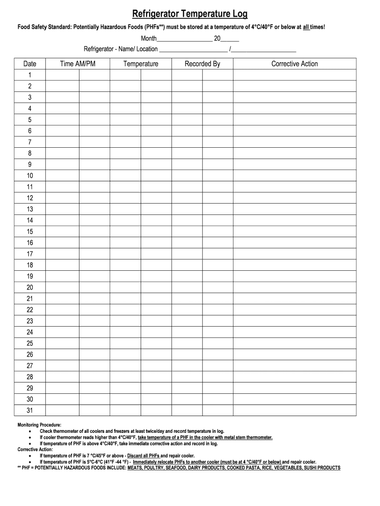 Fillable Online Refrigerator temperature log - Yukon Fax Email Print ...