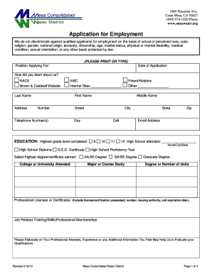 Fillable Online Application For Employment - MesaWater Fax Email Print - pdfFiller