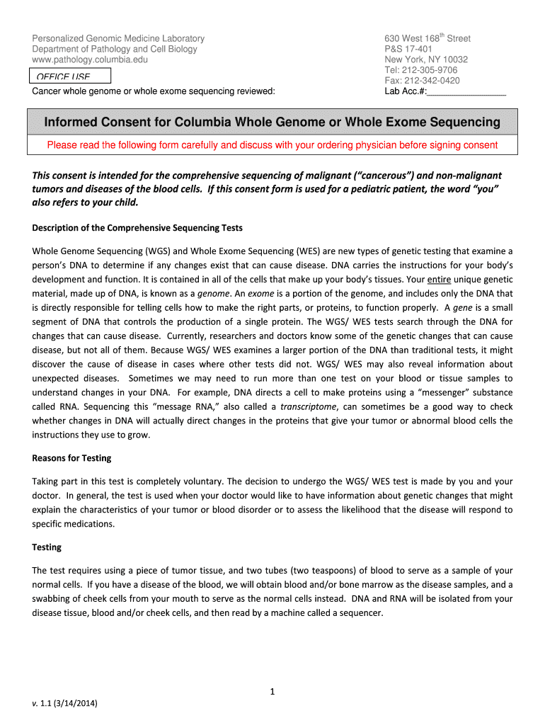 Fillable Online pathology columbia Informed Consent for Columbia Whole ...