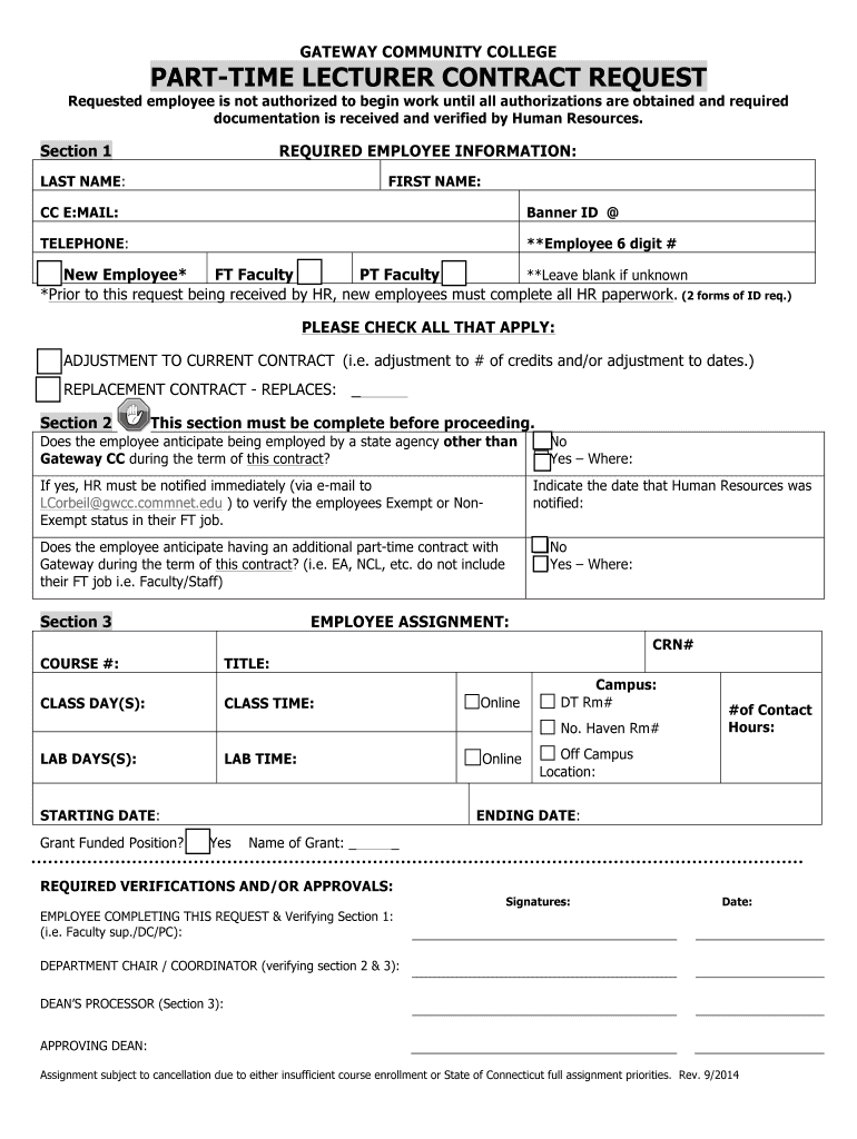 Fillable Online GATEWAY COMMUNITY COLLEGE PART-TIME LECTURER CONTRACT ...