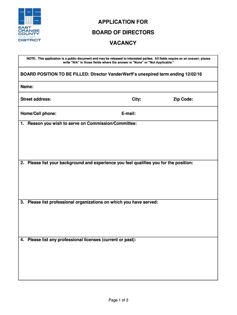 Fillable Online APPLICATION FOR - East Orange County Water District Fax ...