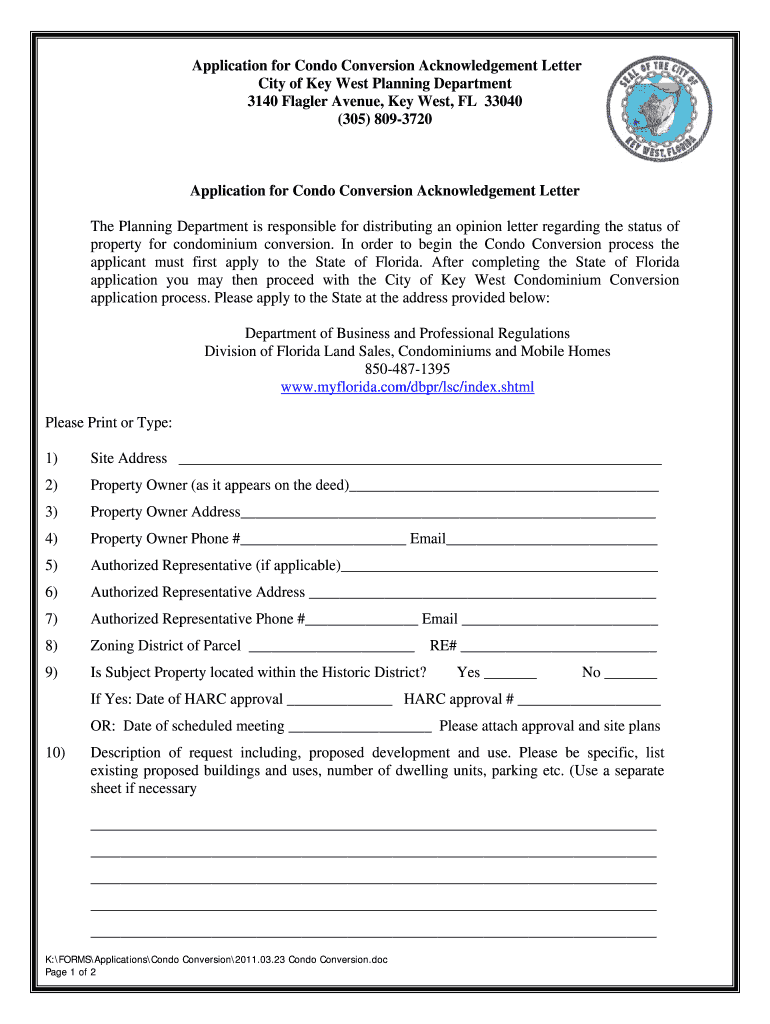 Fillable Online Application for Condo Conversion Acknowledgement Letter ...
