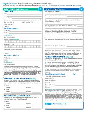 Fillable Online Registration Form 2016 Sussex County YMCA Summer Y ...