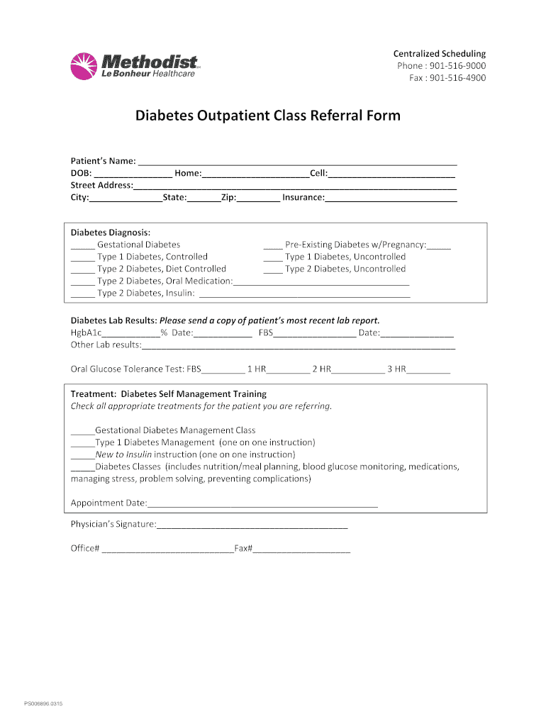 Fillable Online methodisthealth 006896Diabetes Outpatient Class ...