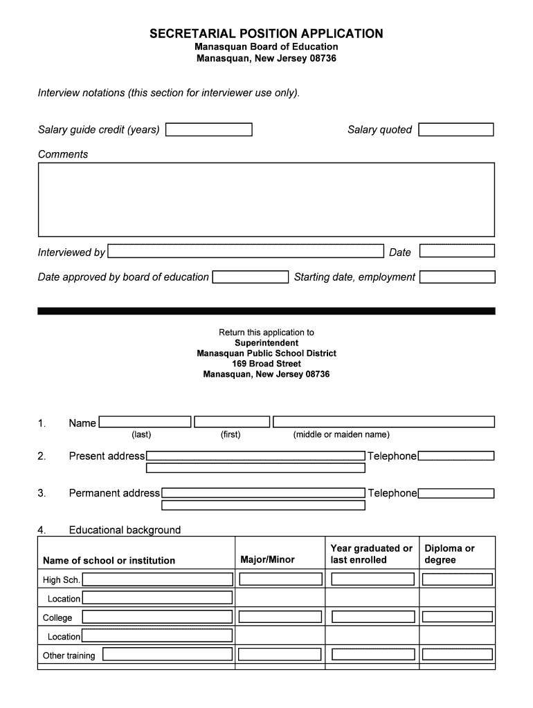 Fillable Online SECRETARIAL POSITION APPLICATION - manasquanschoolsorg ...