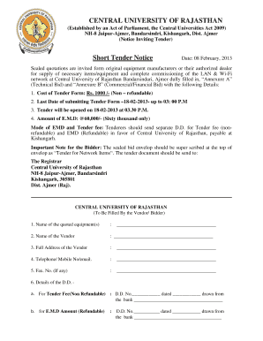 Fillable Online CENTRAL UNIVERSITY OF RAJASTHAN Short Tender Notice Fax ...