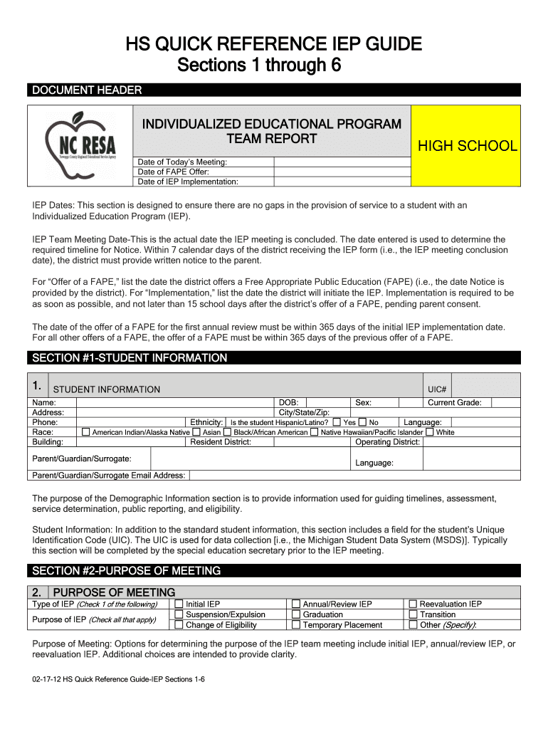 Fillable Online QUICK REFERENCE IEP GUIDE Fax Email Print - pdfFiller